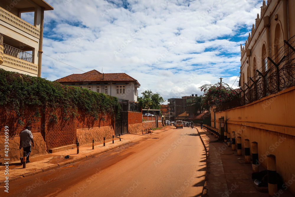 Streets of Kampala view by morning with residential houses, Uganda ...