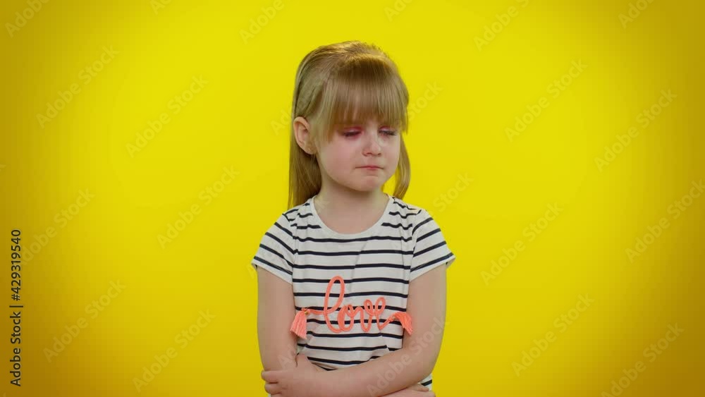 Upset disappointed little blonde teen kid child girl with tears on eyes ...