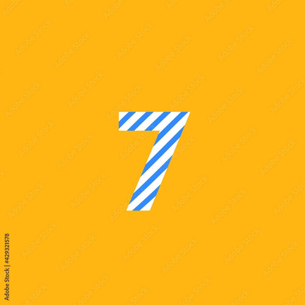 number seven (7) icon in blue and white lines on yellow background ...