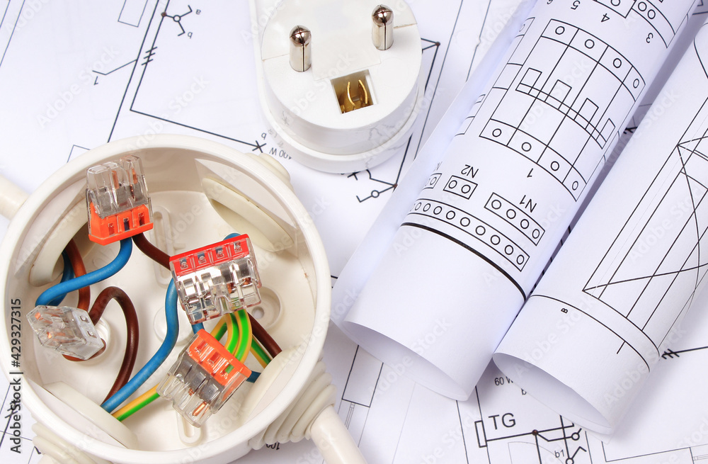 Electrical box with connections of electric copper wires, plug and ...