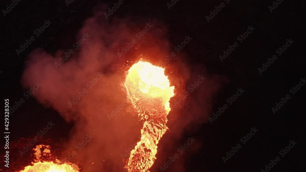 Boiling Lava Flowing From Crater Of Erupting Volcano In The Dark ...