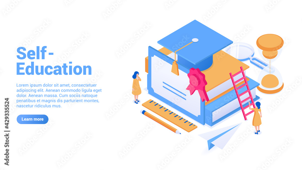 Self-education concept. Students stand around teaching symbols. Diploma ...