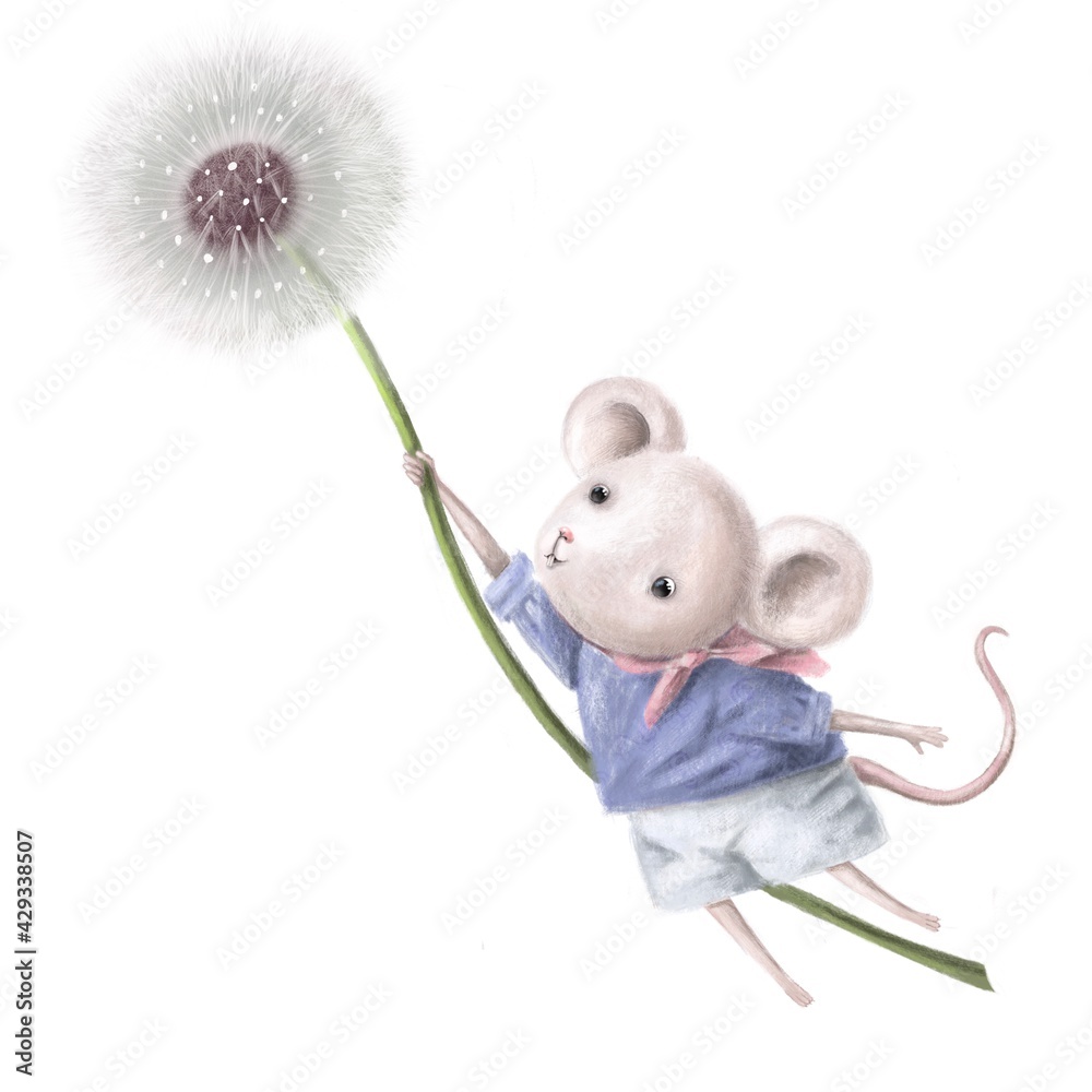 cute little mouse flying on the dandelion, hand drawn clipart, children ...