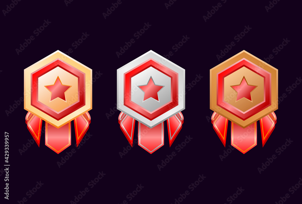 game ui gold, silver, bronze rank badge medals with red ribbon Stock ...