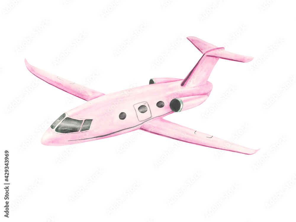 Pink aircraft isolated on a white background. Watercolor jet clipart ...