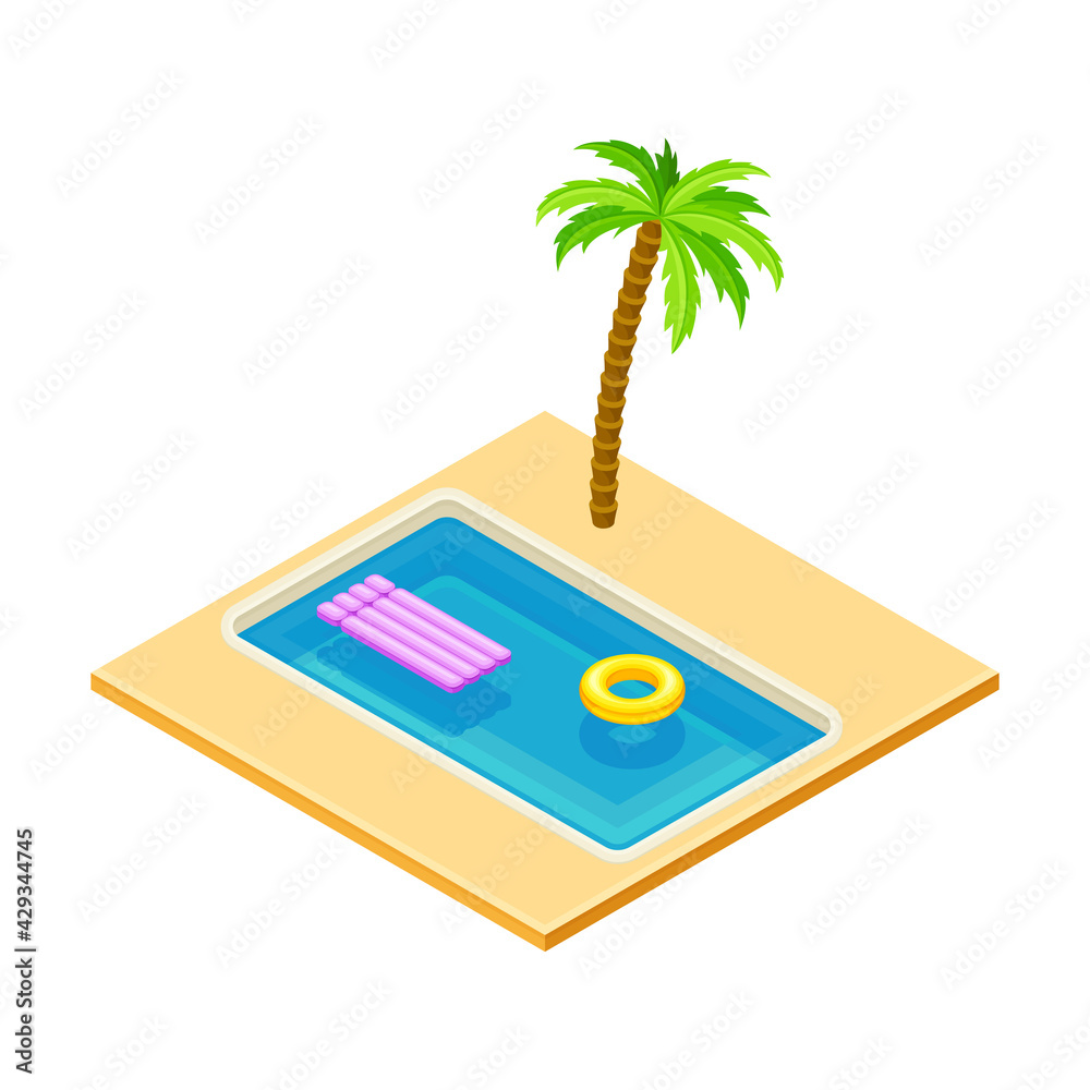 Square Sand Area with Pool and Palm Tree as Beach Vacation Isometric ...