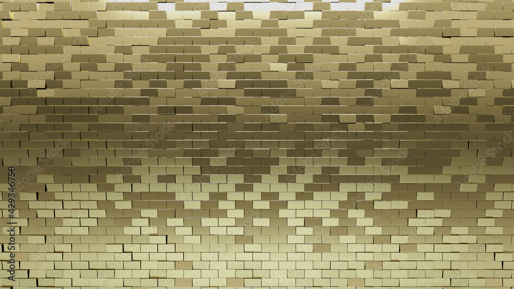 Gold, Rectangle Mosaic Tiles arranged in the shape of a wall. Polished ...