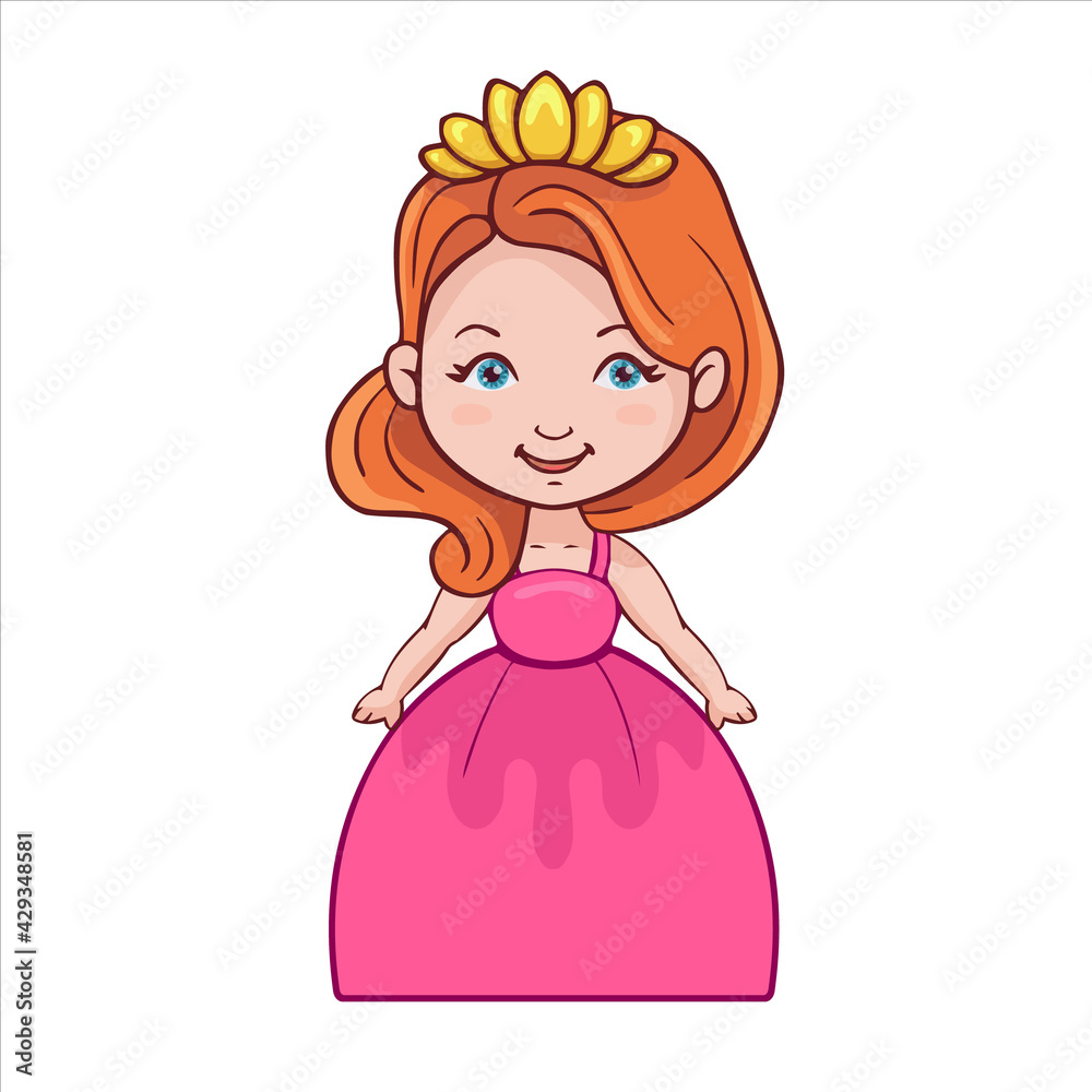 Cartoon cute princess with crown in pink dress. Tale little fairy in ...