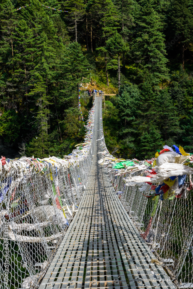 Traditional Nepalese suspension bridge with prayer flags Stock Photo ...