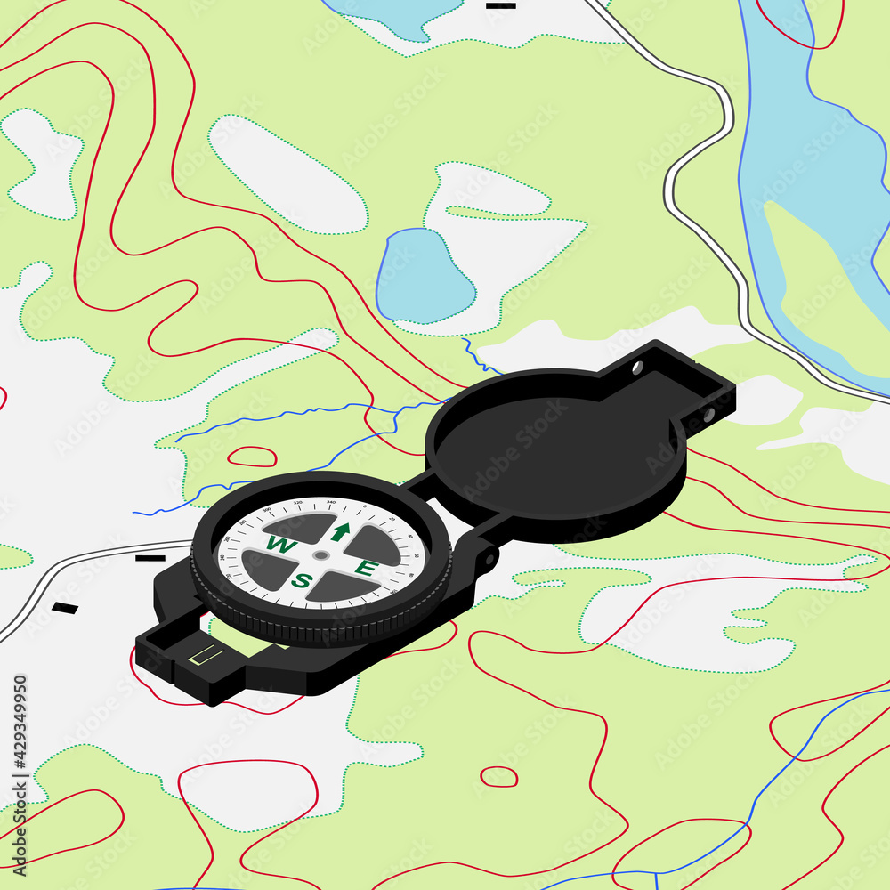 Compass on topographic map. Satellites adventure - map and compass ...