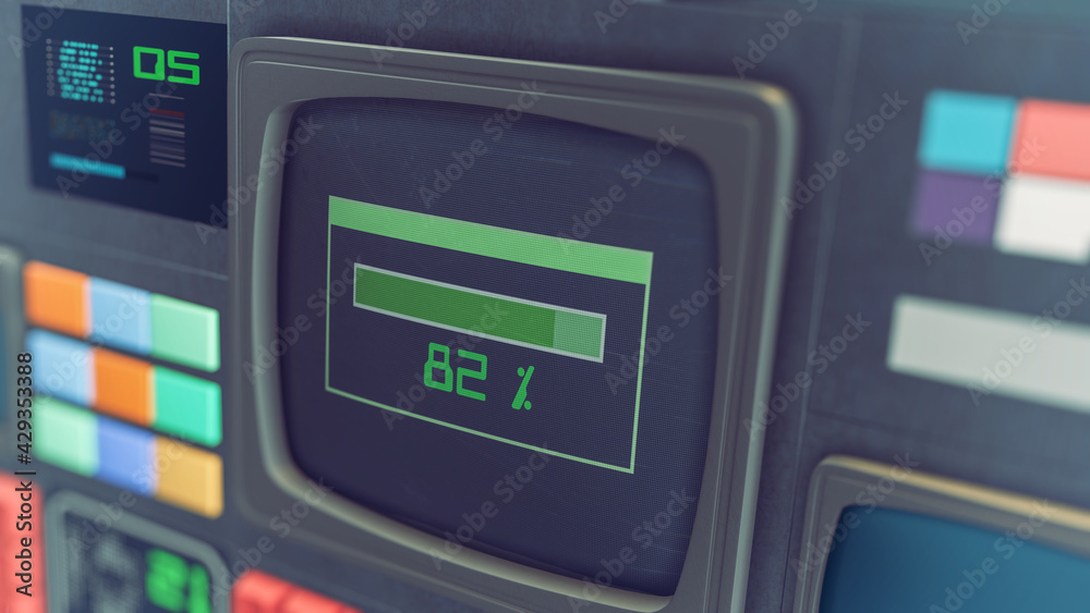 vintage computer monitor with a loading bar, close-up, futuristic ...