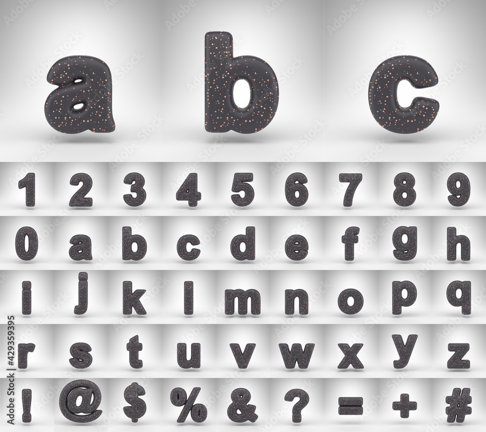 Black matte alphabet on white background. 3D letters numbers and font ...