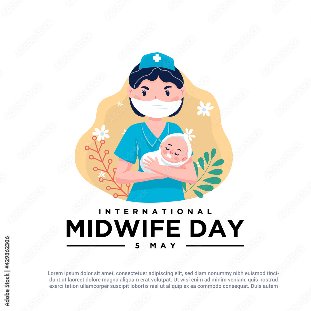Vector illustration of a midwife holding a baby, as a banner, poster or ...