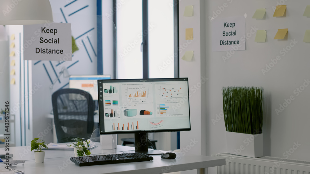 Modern empty office space during covid 19 coronavirus pandemic with ...