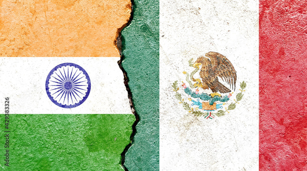 Illustration of the flags of India and Mexico separated by a crack ...