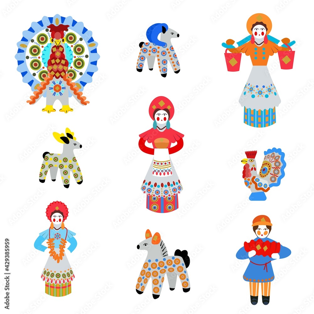 Vector set of toys birds, rooster, turkey, ram, horse, deer, accordion ...