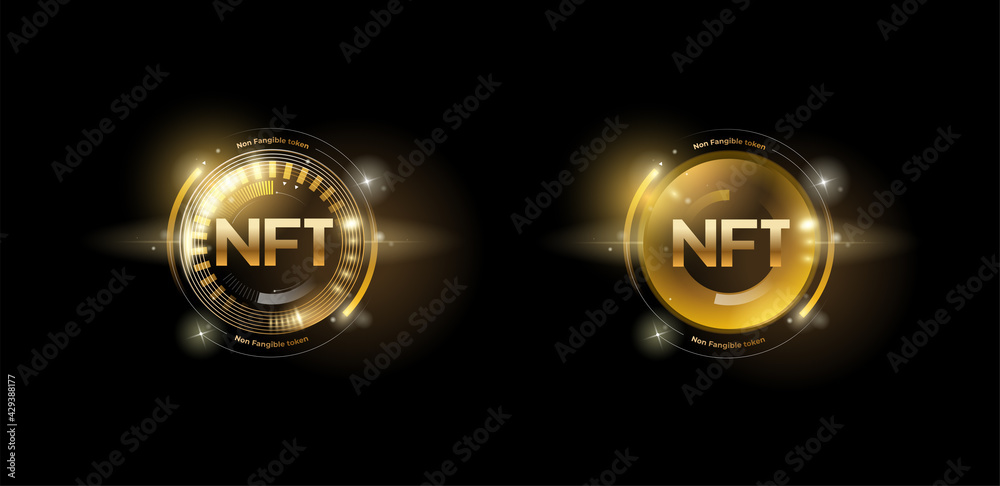 Golden nft token set with glitter effect. Non fungible tokens. Vector ...