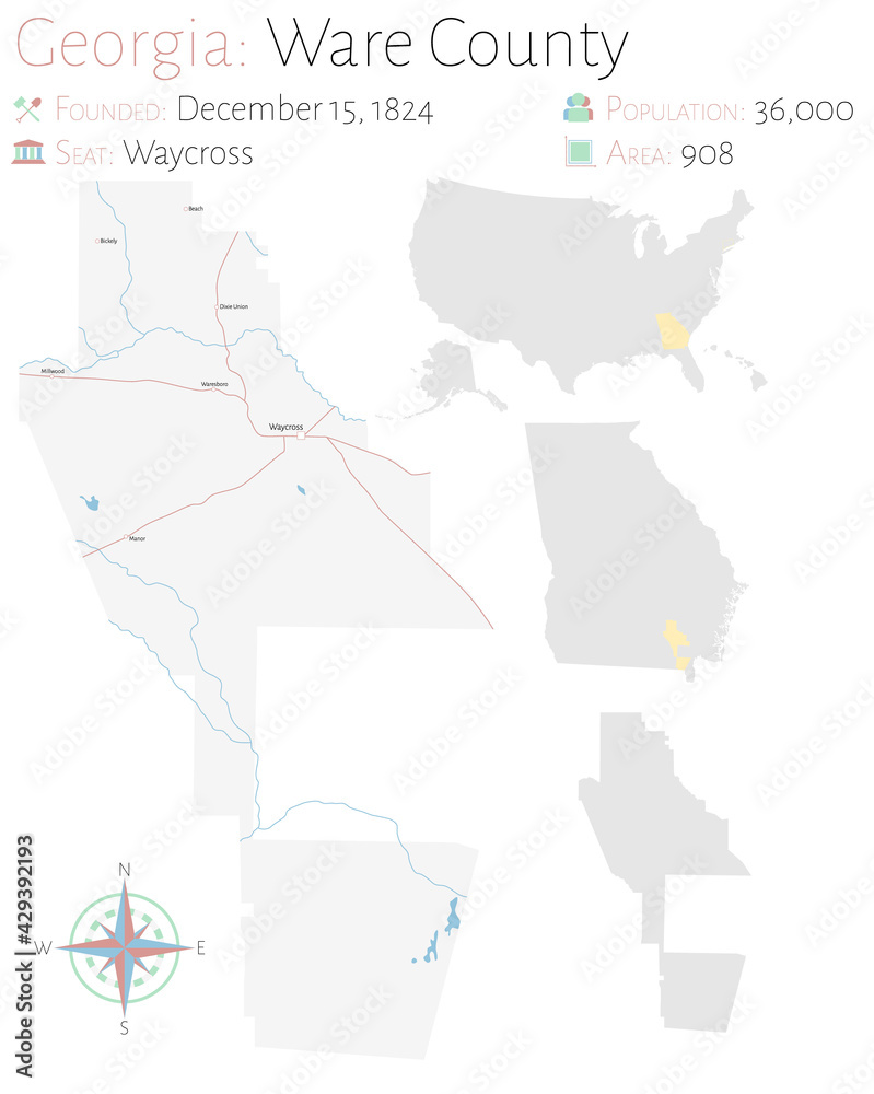 Large and detailed map of Ware county in Georgia, USA. Stock Vector ...