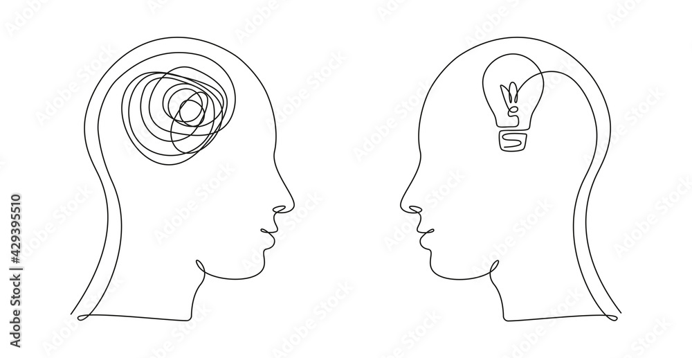 Two Human heads with confused and clean thoughts in one line art style ...