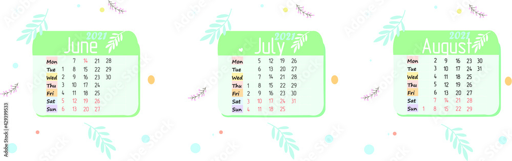 Calendar 2021, summer. Green leaves, berries, year, days of the week ...