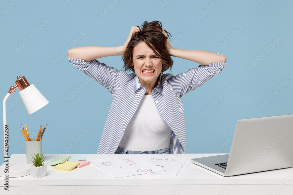 Young troubled confused angry employee business director woman 20s wear ...