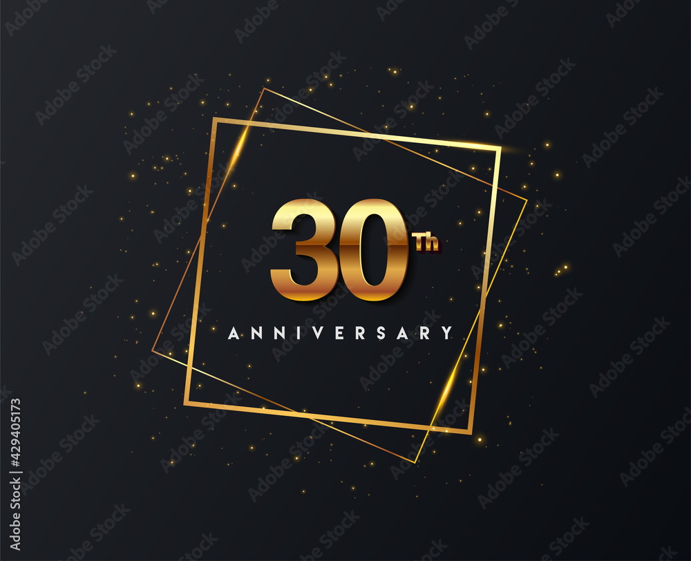 30th anniversary logo with confetti and golden frame isolated on black ...