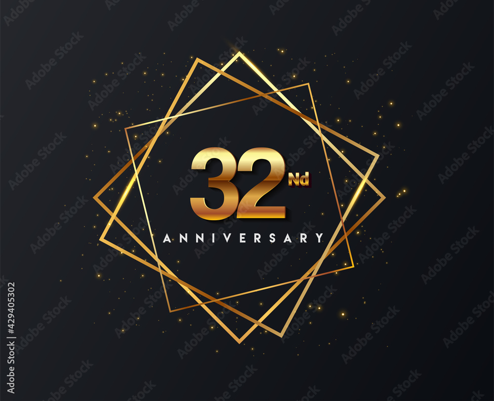 32nd anniversary logo with confetti and golden frame isolated on black ...