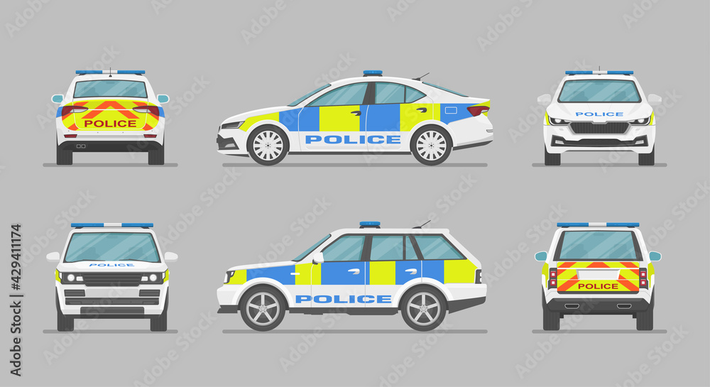 English police car. Side view, front view, back view. Cartoon flat ...