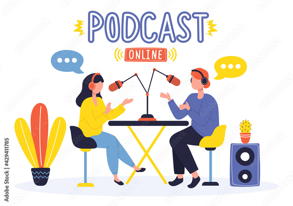 People recording podcast, interview or online show. Man and woman ...