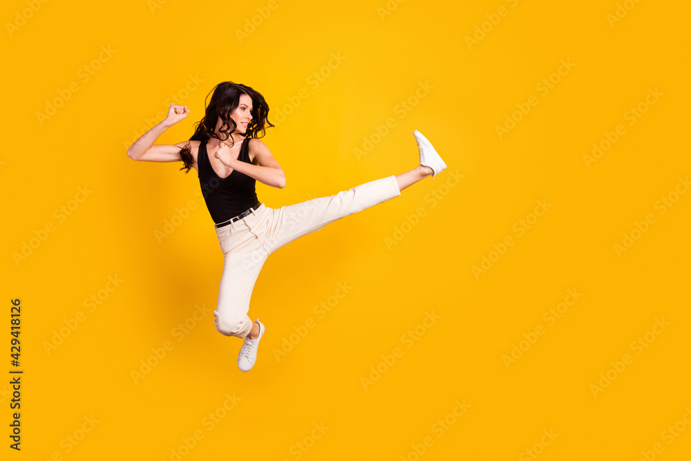Full length body size side profile photo of woman jumping beating ...