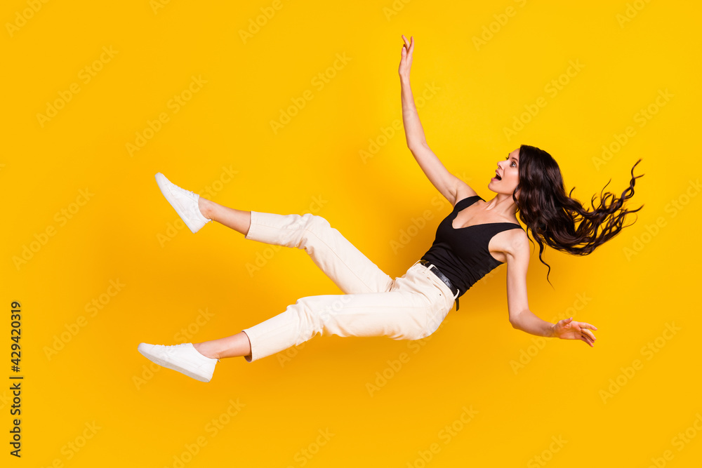 Full length body size photo of woman in stylish outfit falling down ...