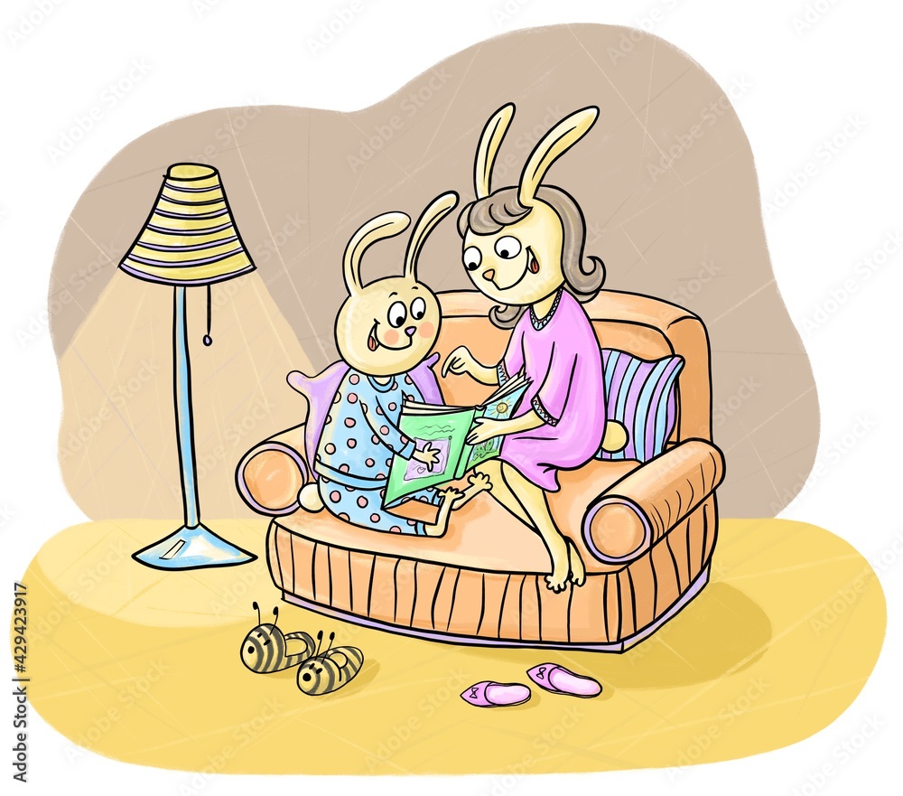 Hand drawn cartoon illustration for kids of mother rabbit and baby ...