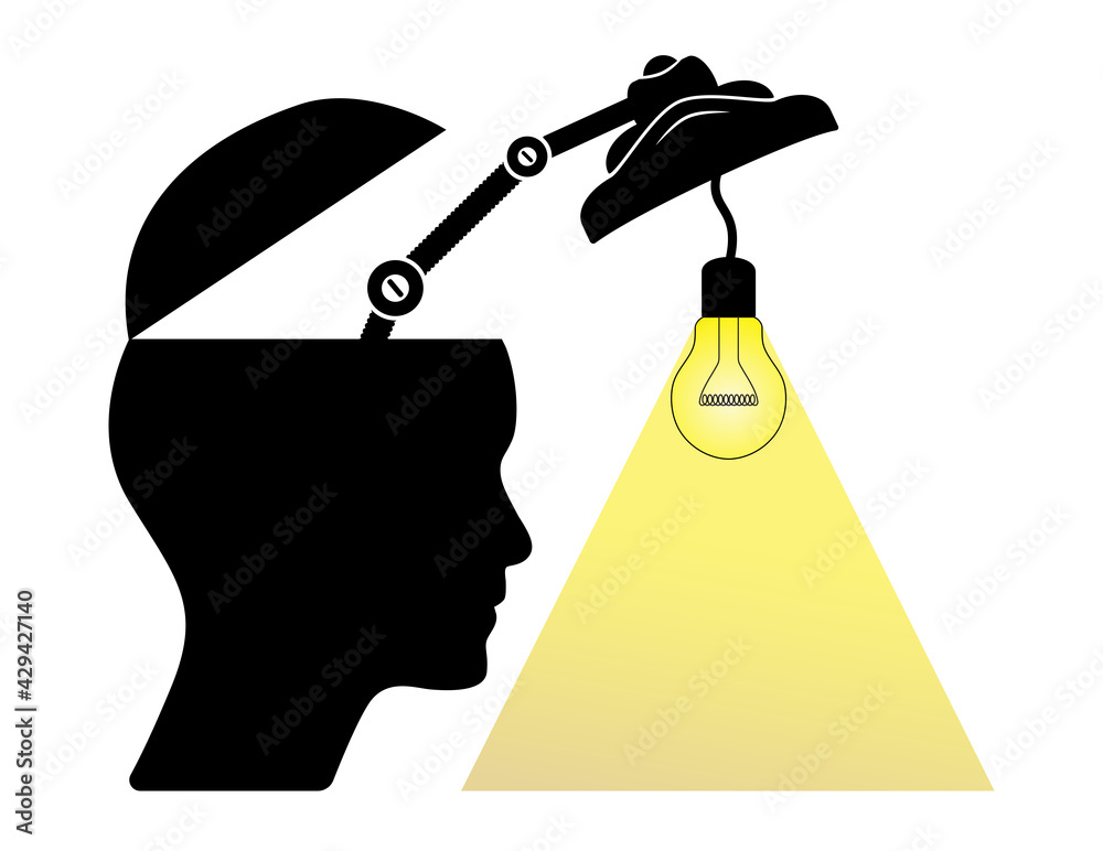 Open mind with desk lamp, wire and lightbulb. Abstract business concept ...