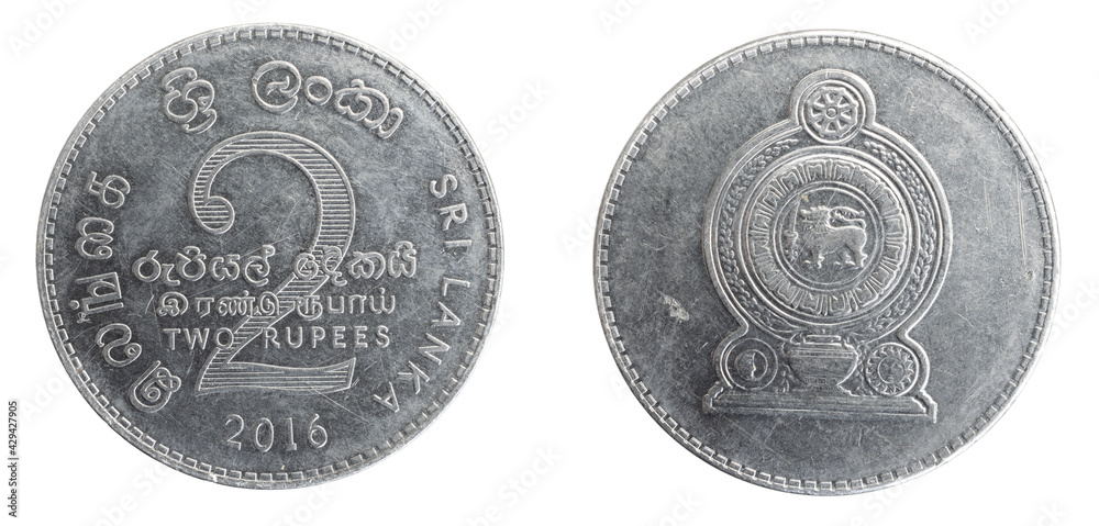 Sri lanka two rupees coins on a white isolated isolated background ...