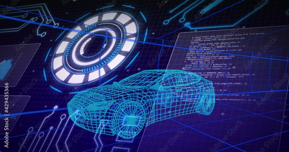 Animation of 3d car technical drawing, scope scanning and data ...