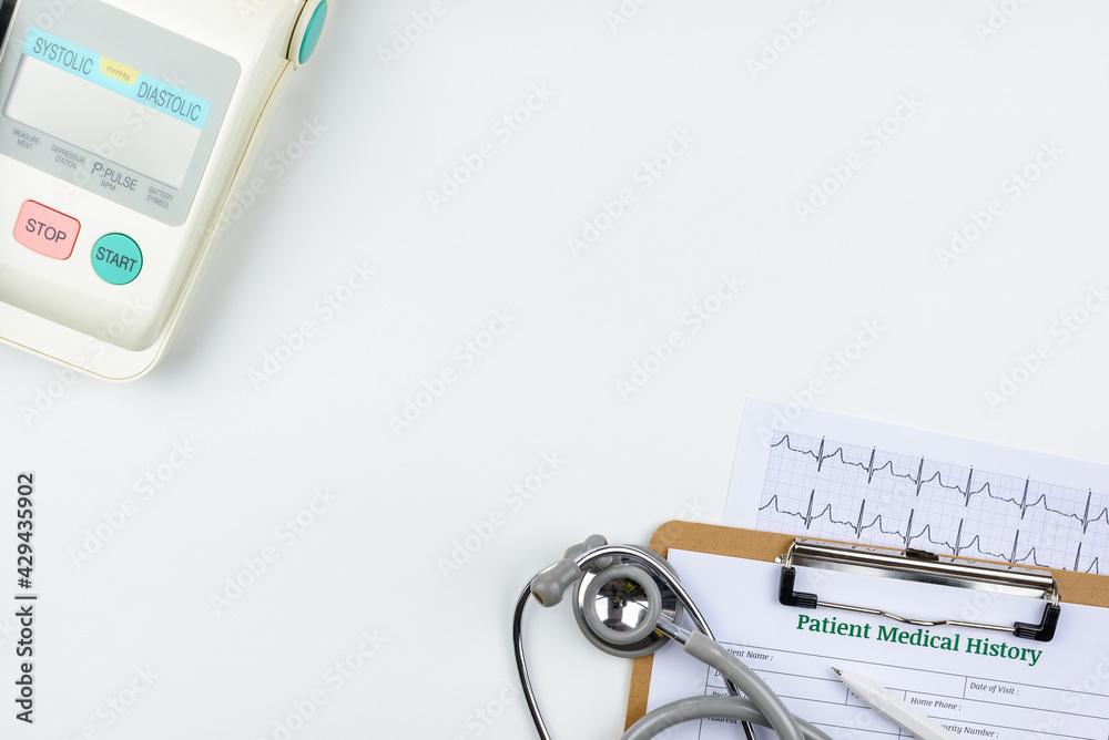 Top or above view, flat lay of physician, professional doctor working ...