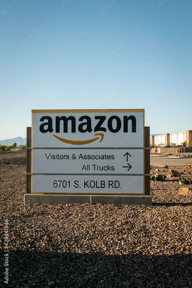 Large sign in front of Amazon fulfillment center, vertical image Stock ...