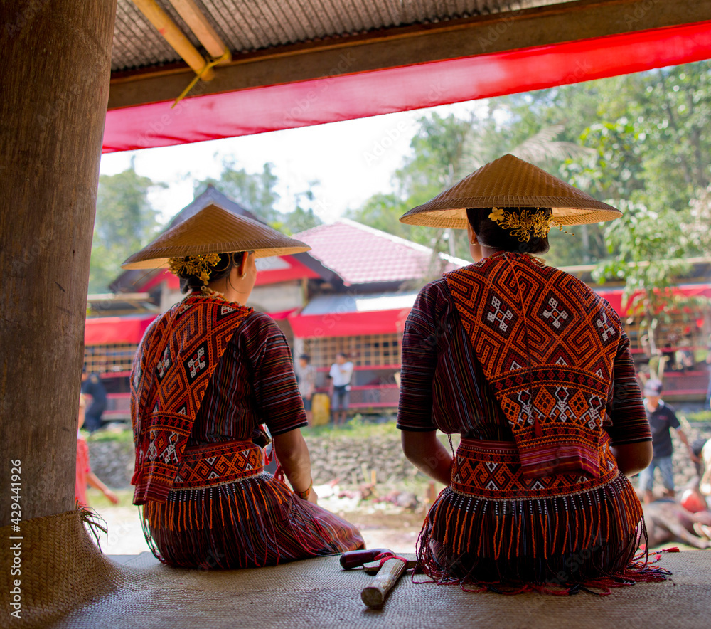 Women dressed with the traditional clothes in a funeral in Tana Toraja ...