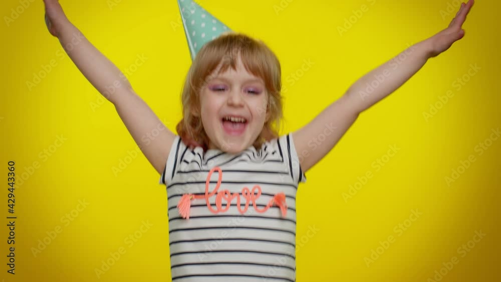 Excited cute little blonde teen kid child girl winning prize, celebrate ...
