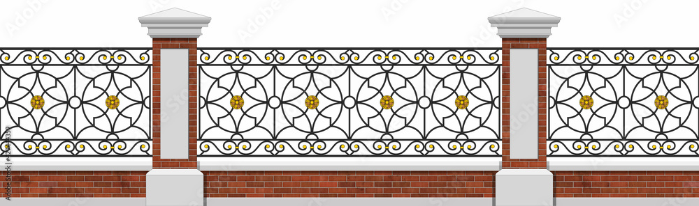 Classic Iron Fence With Red Brick Pillars. Ancient Wrought Iron Railing ...