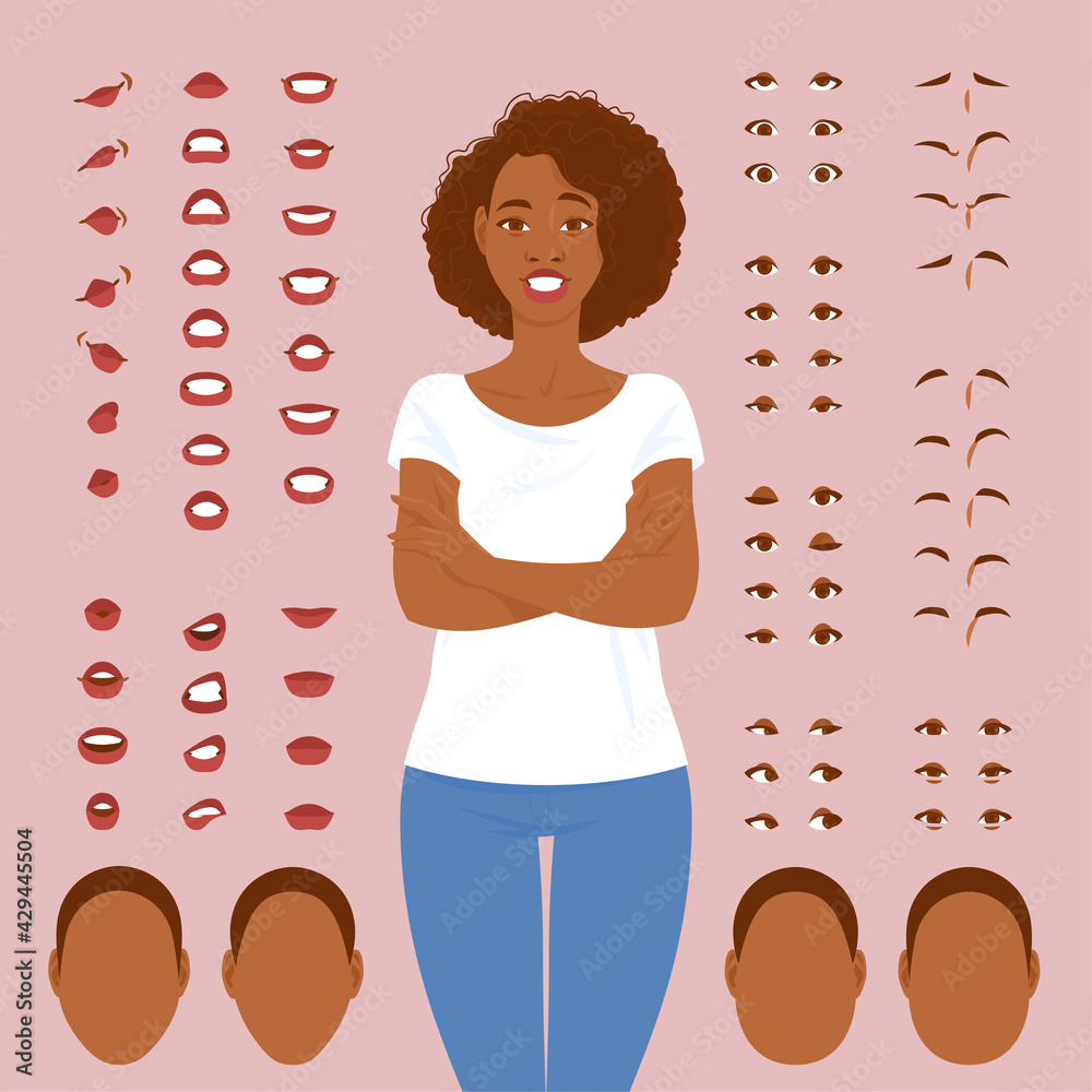 Emotions generator for a black pretty woman. Many different brows, lips ...