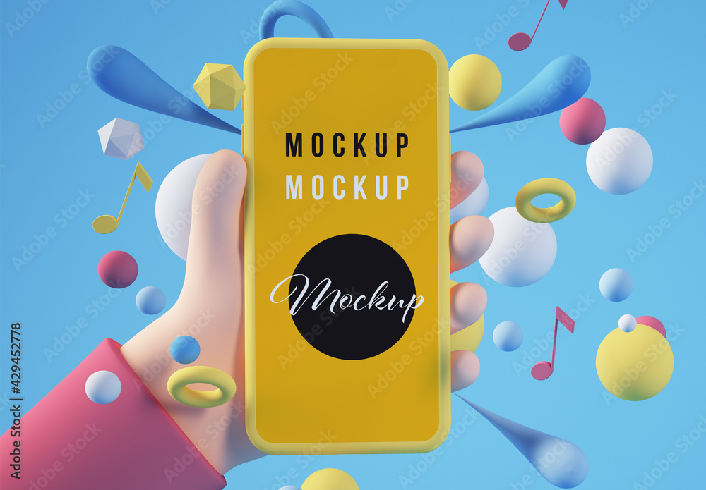 Cartoon Hand with Yellow Smartphone with Primitive Shapes Background ...