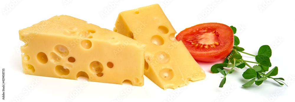 Emmental cheese, Swiss cheese, isolated on white background. High ...