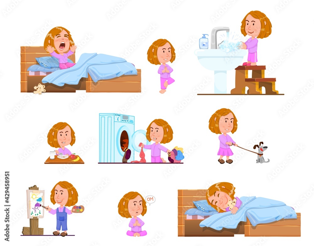 The girl yawns, getting up early, on one leg, washing her hands ...