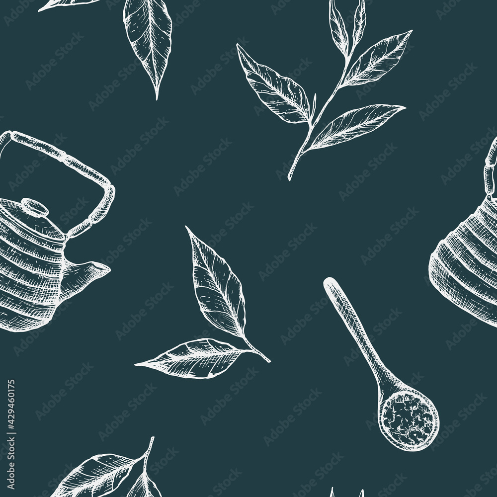 Vector illustration of a seamless pattern of tea leaves and teapot on a ...