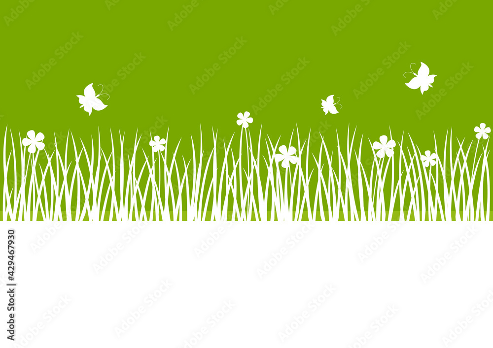 Green background with grass, flowers and place for text for spring ...