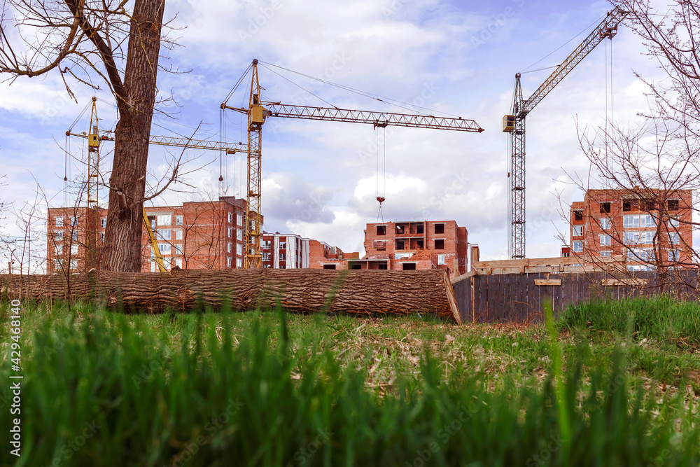 Multi-storey brick houses under construction. Lawn of green grass on ...