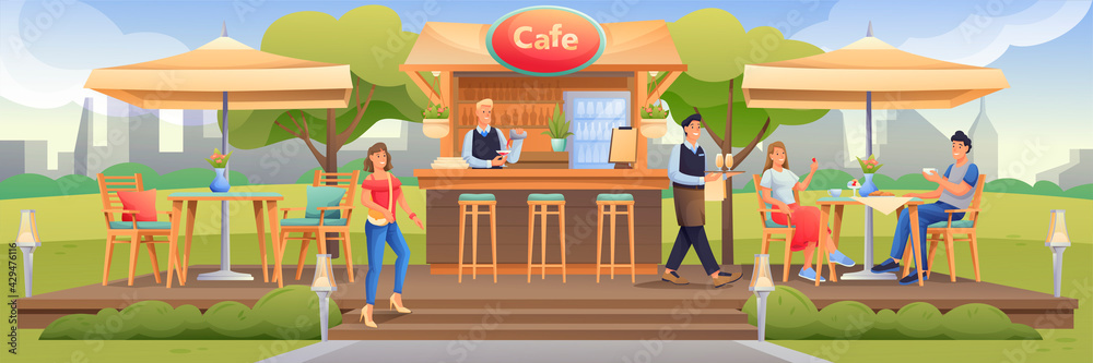 People in summer cafe with terrace outdoor scene. Restaurant outside ...