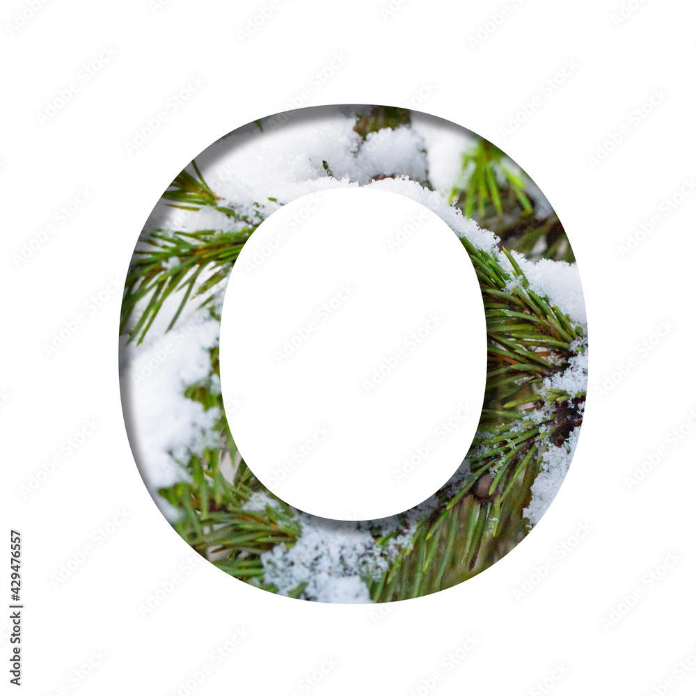 Winter font. Letter O, cut out of paper against the background of ...