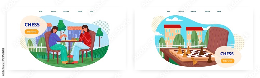 Chess landing page design, website banner vector template set. Two ...